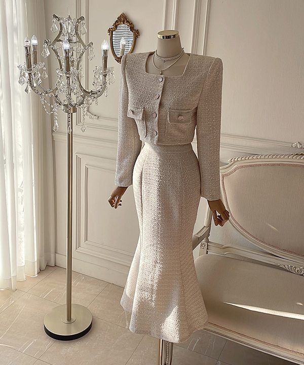 뮤엘 머메이드 롱 투피스 결혼식 하객룩 데이트룩 파티룩 상견례룩 예복 행사룩 브라이덜샤워 돌잔치 돌잔치원피스 트위드투피스 셀프웨딩 웨딩촬영 머메이드원피스 크롭자켓 머메이드스커트