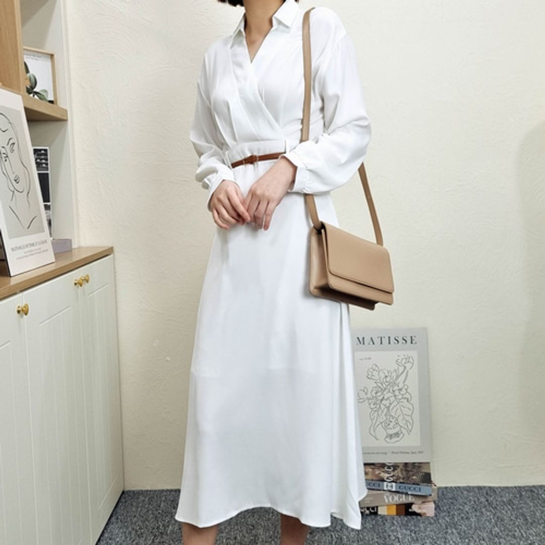 브이넥 셔츠카라 벨트 플레어 랩원피스