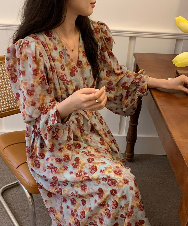 로맨틱 플라워 드레스 브이넥 셔링 퍼프 긴팔 허리리본 루즈핏 H라인 쉬폰 꽃무늬 롱원피스 봄 여름 시원한 청순 우아한 러블리 고급스러운 여친 데이트룩 데일리룩 일상