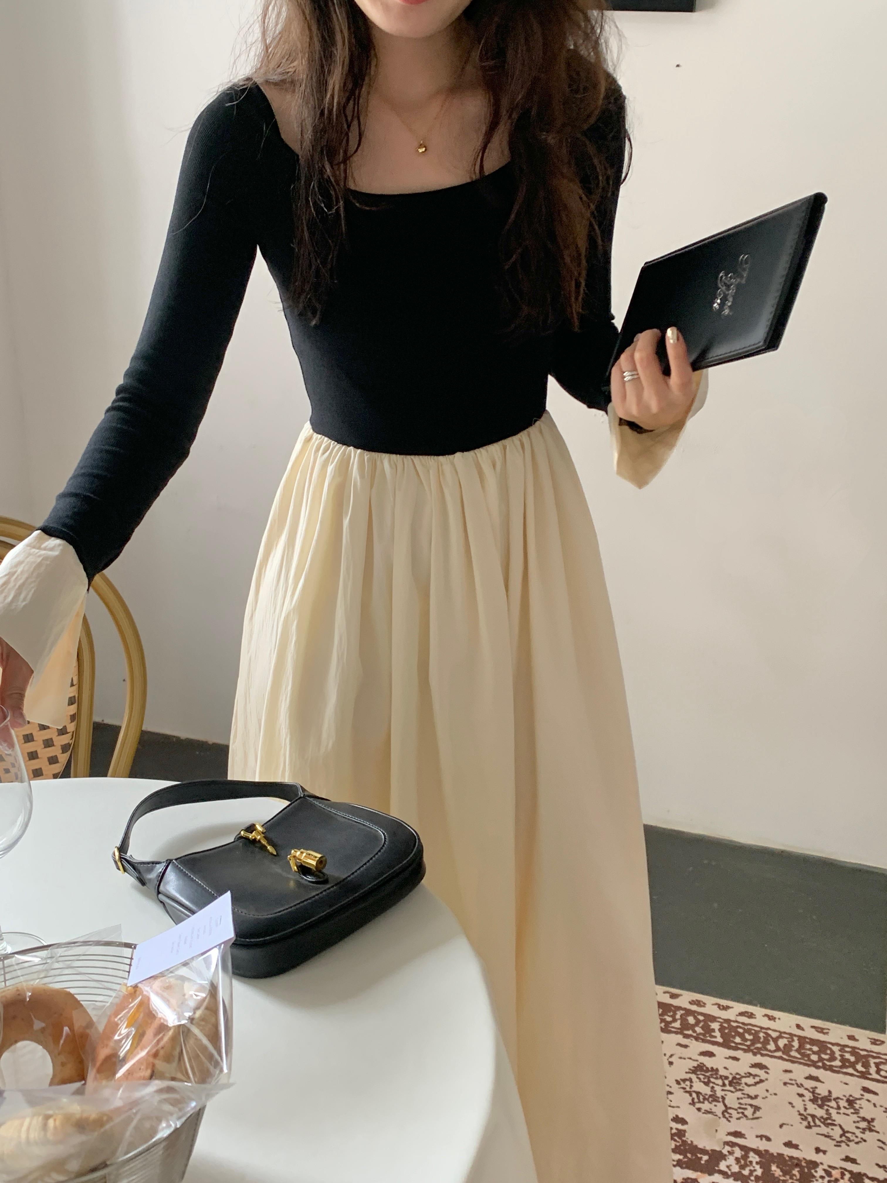 라운드넥 긴팔 배색 여자 스티치 스윙 롱원피스 드레스 러블리 소매 A라인 플레어 쉬폰 결혼식원피스 2부 피로연 여름 니트 휴양지 하객원피스 비치 겨울 가을 봄 쉬폰 바캉스