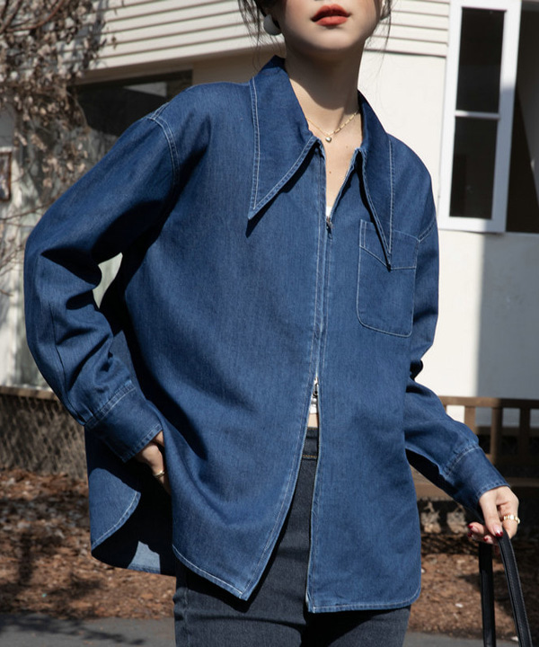 뾰족 카라 로우숄더 루즈핏 더블지퍼 스티치 연청 진청 하프 데님 셔츠 매일입기좋은 데일리 일상룩 대학생 캠퍼스룩 단정한 깔끔한 오피스 사무실 출근룩 캐주얼 심플 미니멀