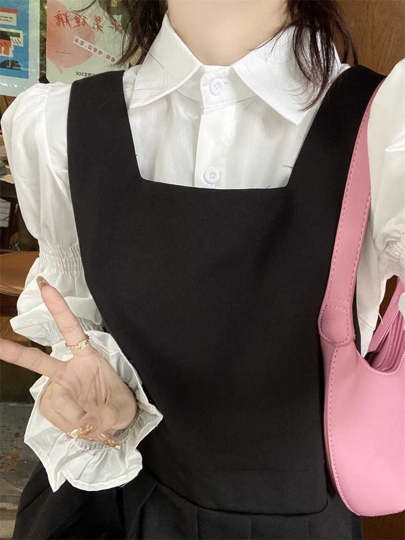 프렌치 블라우스원피스 Set 청순 여리 유니크 소매 퍼프 디테일 셔링 롱 슬리브 긴팔 카라 블라우스 셔츠나시 멜빵 하이
