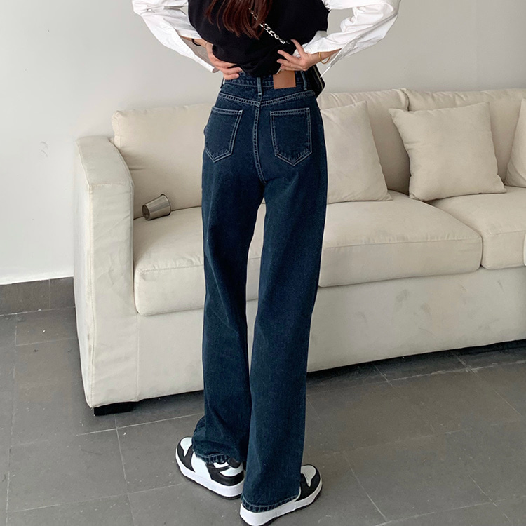 와이드 다크 데님 팬츠 진청 하이 웨스트 데님 청 스티치 배색 스트레이트 와이드 롱 다리 컨셉 캐주얼 꾸안꾸 일자 청순
