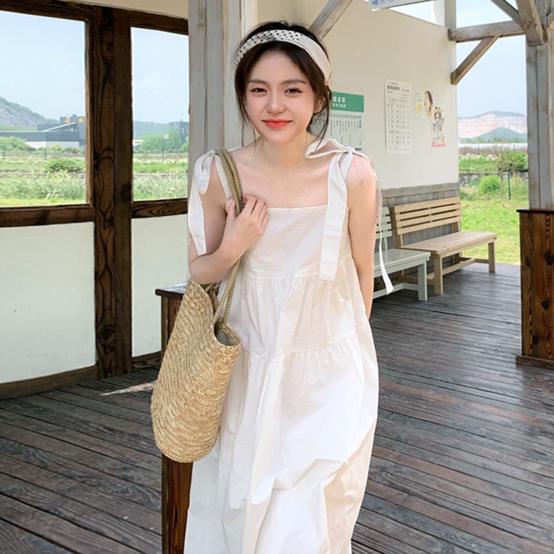 청순 A 라인 원피스 스퀘어 넥 리본 나시 러블리 A 라인 하이 웨스트 몸매 보정 플레어 스커트 치마 드레스 리조트 휴양