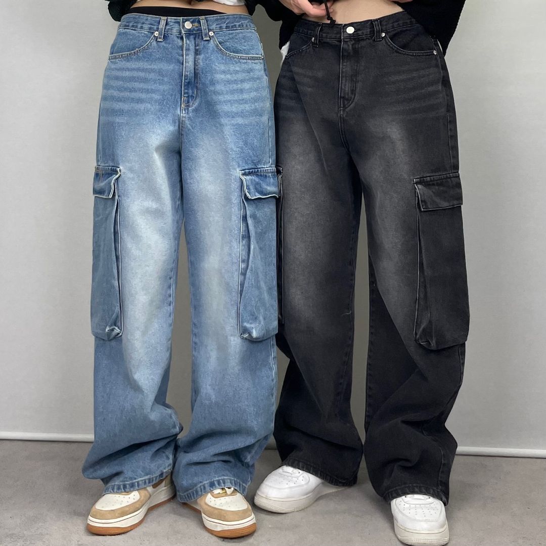 28~33unisex힙스트릿 빅 카고 데님팬츠 청바지 청 흑청 와이드핏 통바지 빅사이즈 1315