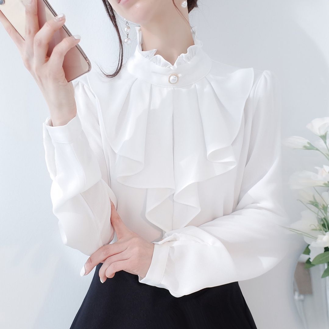 멜팅 도톰한 하이넥 프릴 러플 진주블라우스4color
