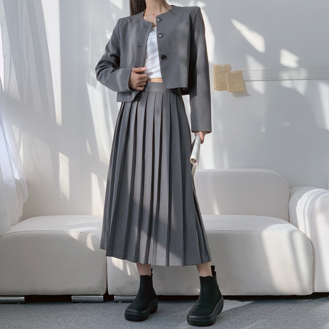 바비라벨 로빈set 고퀄 유니크 데일리 크롭 자켓 하이웨스트 플리츠 롱 스커트 봄 여름 가을 겨울 투피스 수트 세트 하객