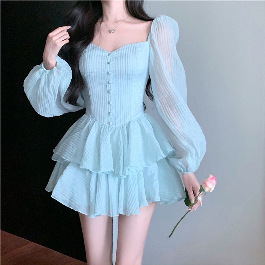 벌룬 프릴 원피스 오프 숄더 투 웨이 벌룬 퍼프 파워 숄더 롱 슬리브 셔링 티어드 캉캉 A 라인 미니 숏 짧은 치마 스커트