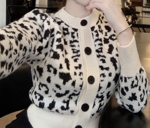 Yy 여성 버튼 니트 가디건 크롭 레오파드 패턴 얼룩 무늬 배색 슬림 매력 페미닌 여리여리 러블리 데일리 스타일 캐주얼 패션
