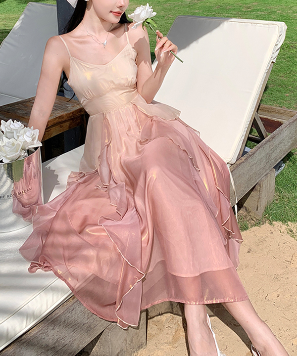 포앤바이앤 끈나시 하트넥 펄 그라데이션 러플 셔링 A라인 플레어 쉬폰 롱 원피스 반짝반짝 러블리 샤랄라 요정원피스 비치웨어