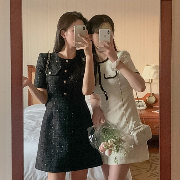 베니토 2천장돌파3사이즈인스타문의폭주라지추가 Made 뮤에브 트위드 원피스 봄간절기데일리미니a라인반팔하객룩데이트룩펄배색가을연말룩반팔원피스