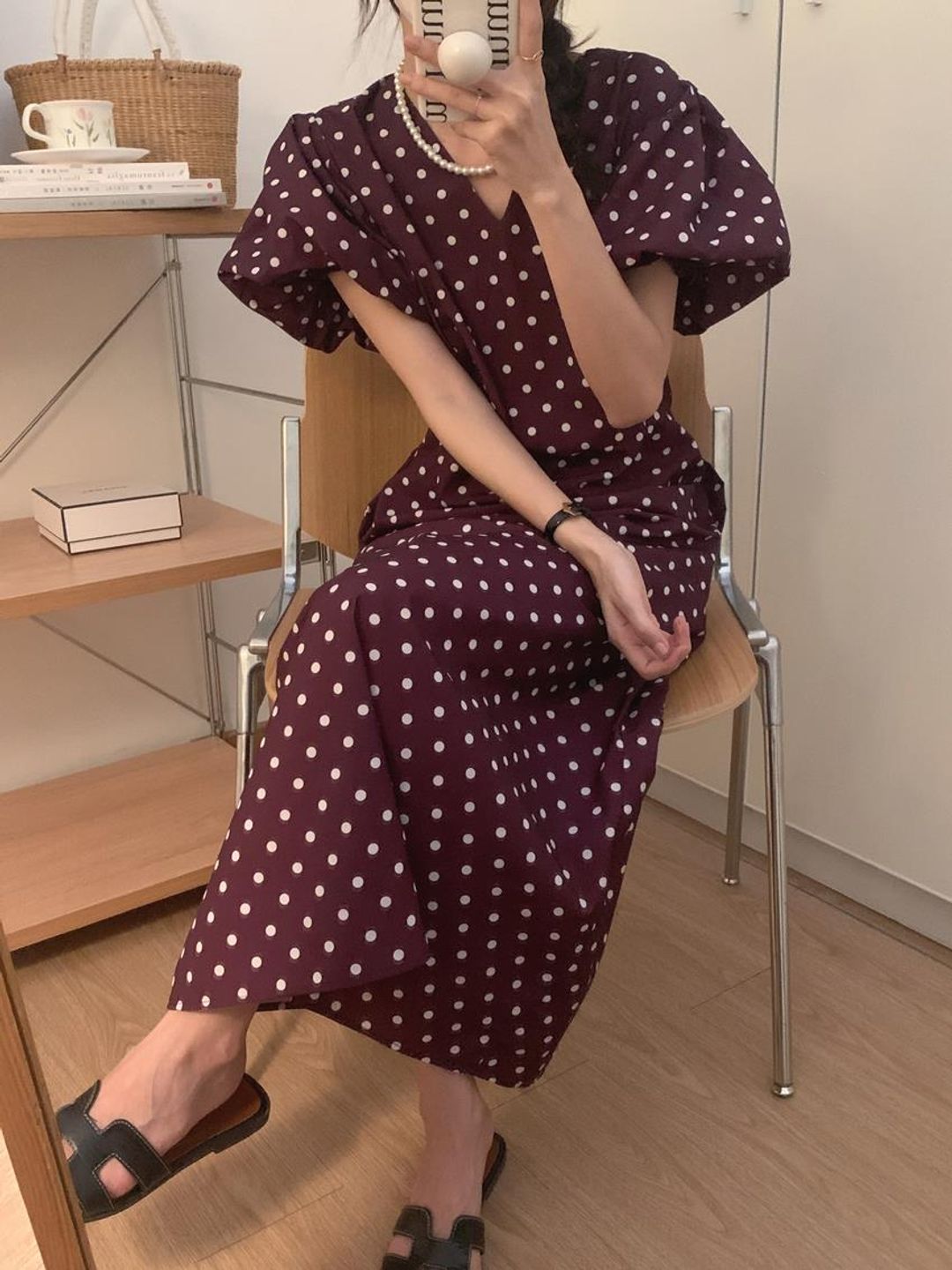 폴카 도트 여자 퍼프슬리브 브이넥 반팔 롱원피스 루즈핏 백 슬릿 롱 드레스 퍼플 보라 블랙 반소매 여름 봄 가을 엄마 임산부