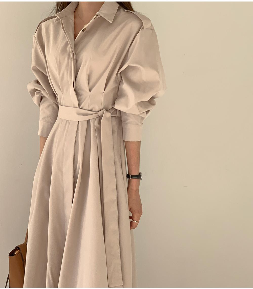 베이지하루 당일발송무료배송 셔츠원피스 하객 코트 자켓 롱원피스 트렌치 원피스 셔츠 가디건 봄 여름 긴팔 깔끔한 플레어 린넨 드레스 프렌치 스타일 카라 여성 여자 랩