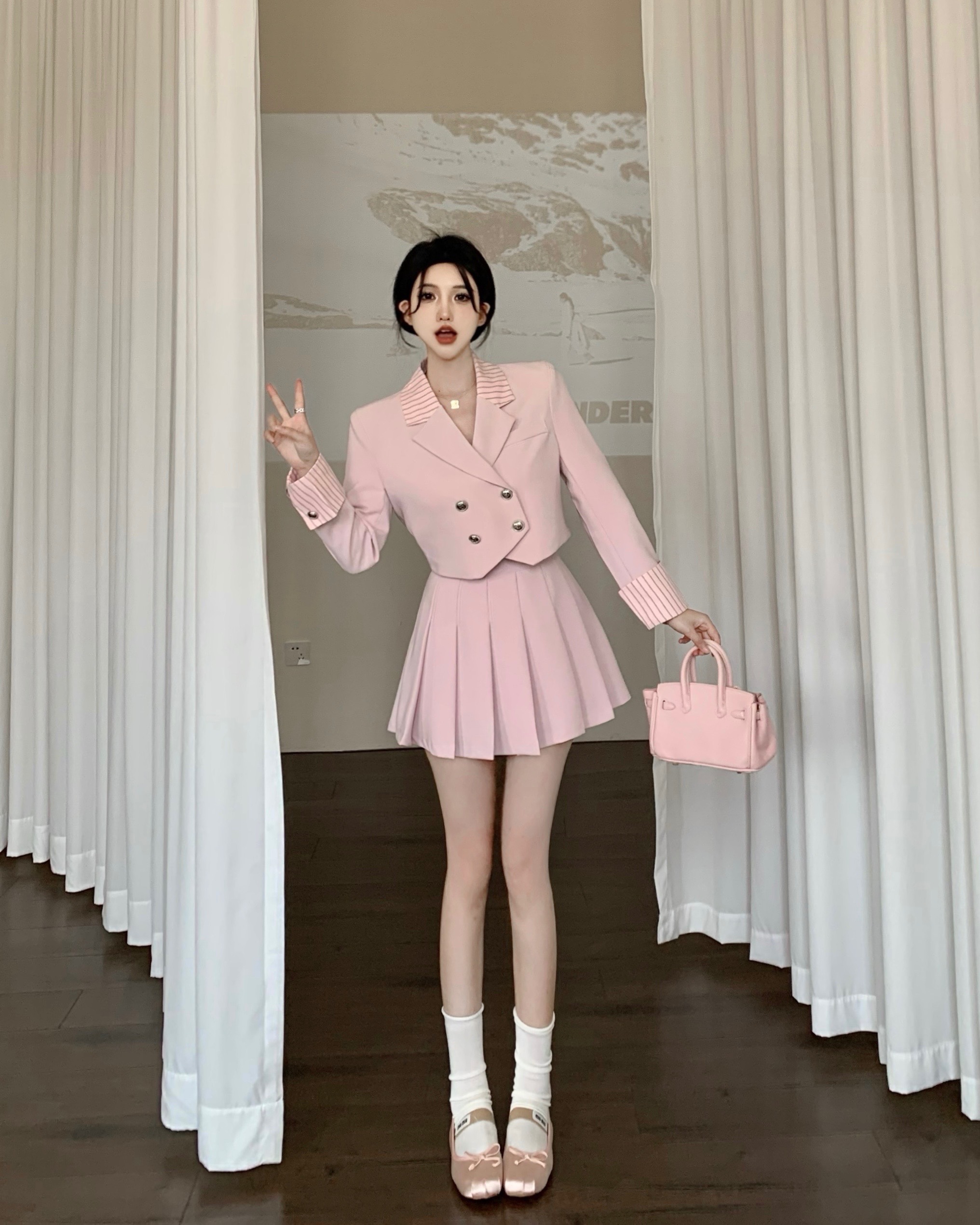 더블 크롭 자켓스커트 Set 고퀄 하이 엔드 봄 배색 스트라이프 유니크 청순 여리 세미 롱 슬리브 자켓 아우터하이 웨스트