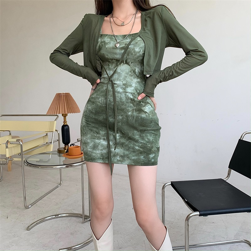 블롱뮤 나염 카키 원피스볼레로 Set 스퀘어 넥 슬리브리스 나시 몸매 보정 미니 숏 짧은 유니크 빈티지 스커트 치마 드레스크롭 롱 슬리브 리본 긴팔 여름 봄 간절기