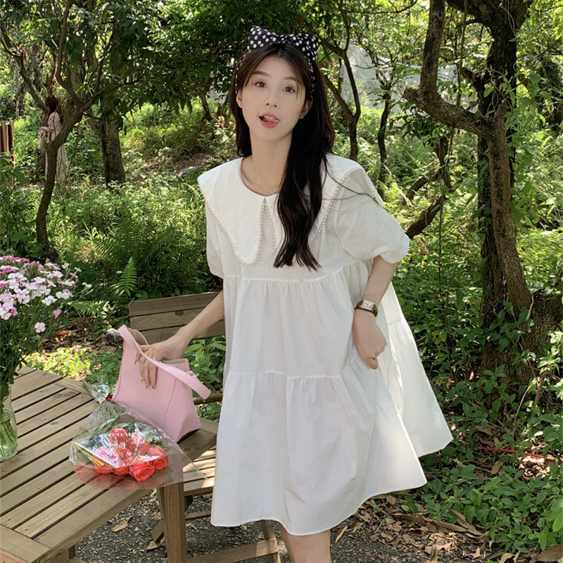 러블리 세일러 원피스 빅 와이드 세일러 카라 라운드 넥 반팔 하프 소매 미니 숏 짧은 A 라인 플레어 셔링 플리츠 스커트