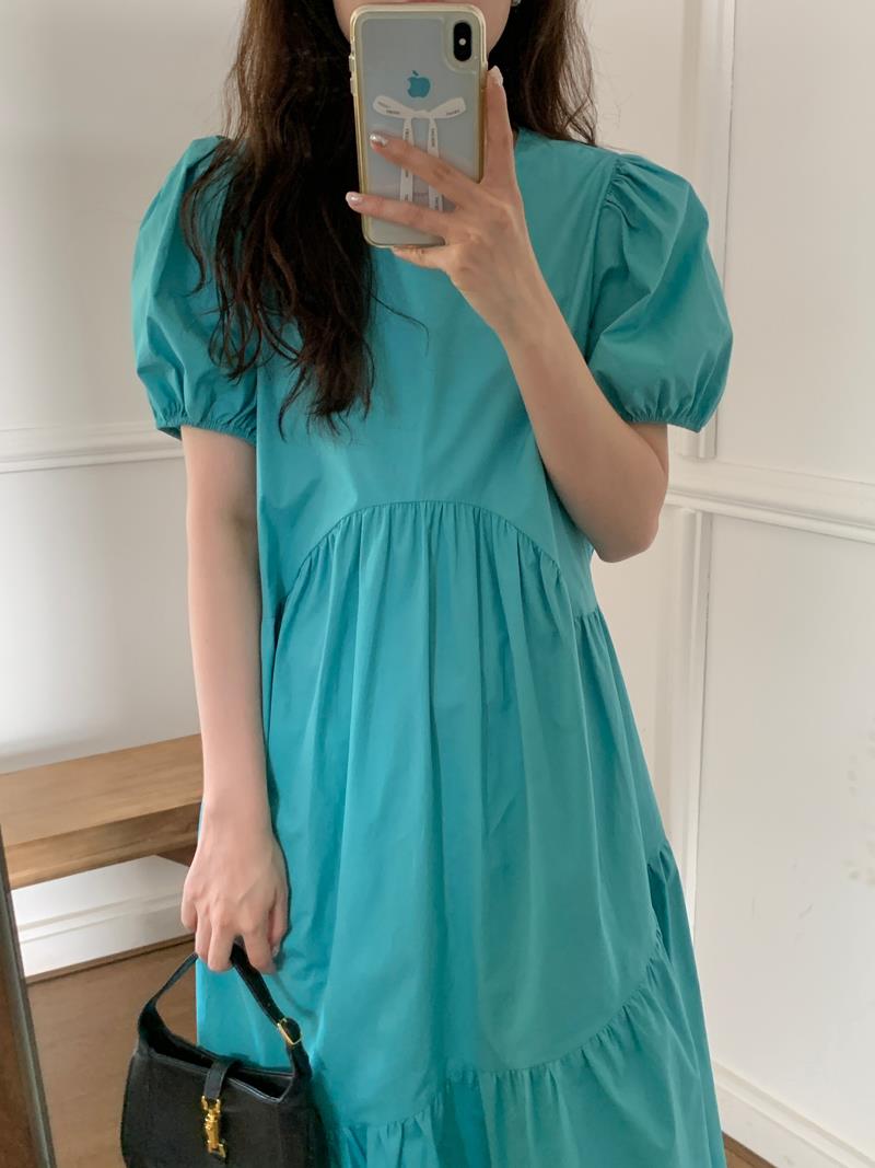 심플 라운드넥 여자 롱원피스 여름 반팔 캉캉 여자 롱 플레어 플리츠 원피스 퍼프소매 연꽃잎 러블리 엄마 돌잔치 모임룩 데이트룩 나들이룩 해변 비치 동남아 휴양지 바캉스