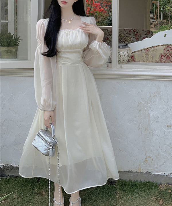 당일발송라스트피스s 원가이하 세일 공주 드레스 레이스 스퀘어넥 셔링 퍼프숄더 볼륨소매 하이웨스트 플레어 시스루 쉬폰 긴팔 롱 원피스 러블리 레트로 빈티지