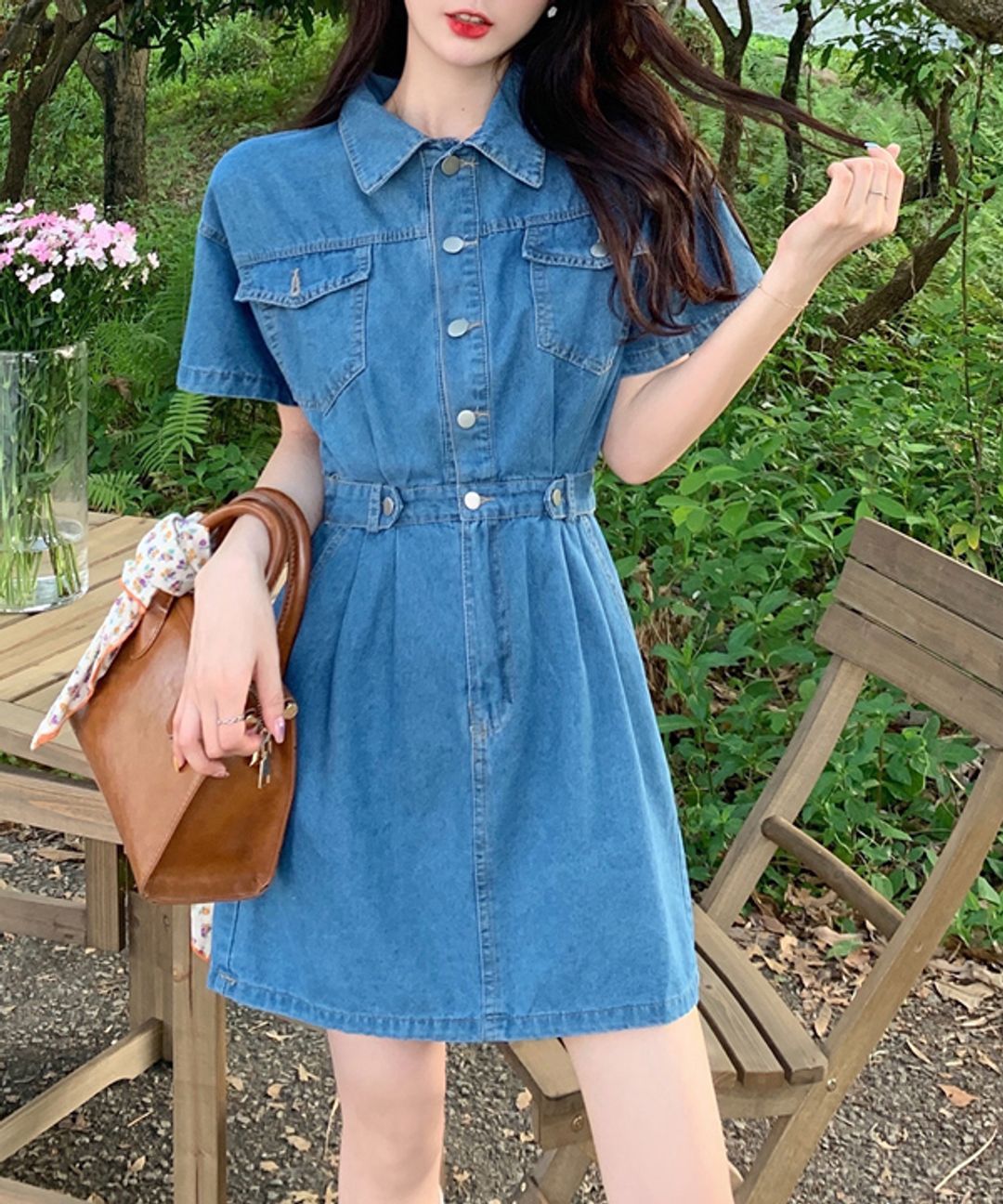 ~4xl빅사이즈 데님 원피스 스탠 카라 앞포켓 허리 백밴딩 A라인 반소매 청 미니 원피스 봄 여름 키작녀 허리강조 편한
