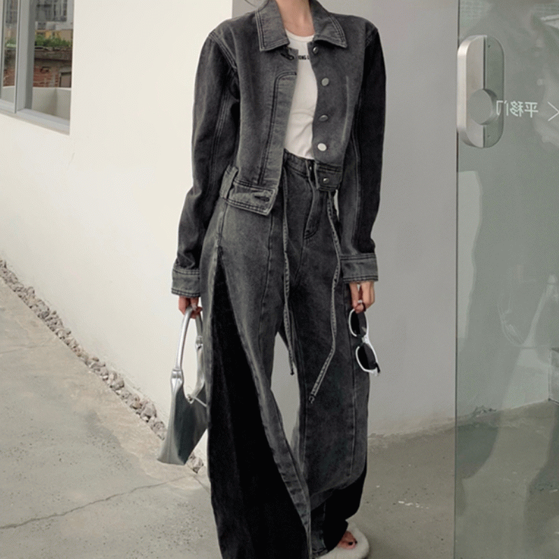 클로에랑 봄신상데님세트 유니크 그레이 흑청 카라 청자켓하이웨스트 언발 배색 와이드청바지 데님투피스 셋업 세트 봄신상 여름 가을 겨울 사계절 유니크 캠퍼스룩 데이트룩