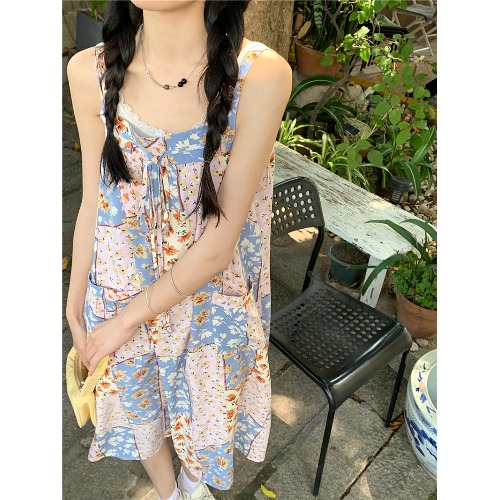 빈티지 플라워 원피스 배색 패턴 조각 리본 스퀘어 넥 포켓 포인트 롱 미디 나시 민 소매 슬리브리스 여름 여행 레트로 귀여운 페미닌 꽃 무늬 패턴 치마 스커트 드레스