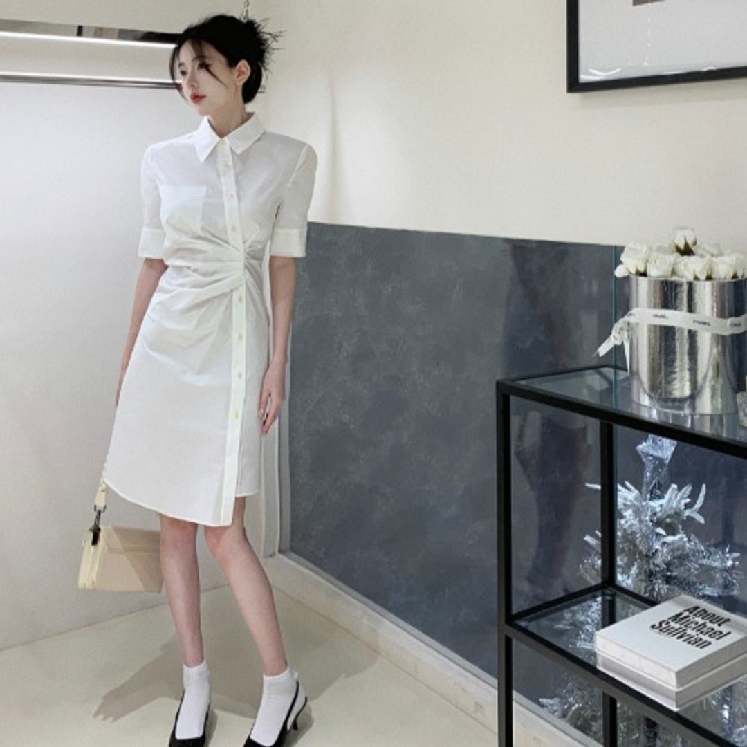 미디 언발 셔츠 원피스 카라 단추 여밈 허리 강조 몸매 보정 미니 숏 짧은 A 라인 스커트 치마 드레스 반팔 하프 소매 봄