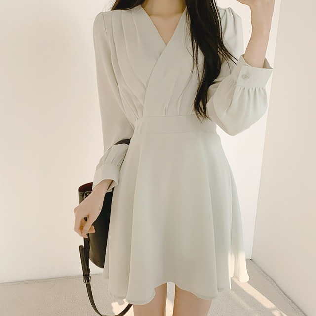 심플 깔끔 데일리 청순 러블리 파스텔톤 브이넥 노카라 퍼프 슬리브 랩 하이웨이스트 쉬폰원피스 20대30대추천 하객룩 데이트룩