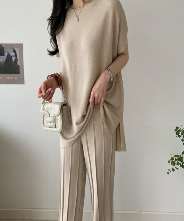 베이지하루 한정수량 투피스 Set Up 이가격 다신 없어요 심플 라운드넥 루즈핏 일자 반팔 스웨터 여름 시원한 여자 상의 여성 탑 하이웨이스트