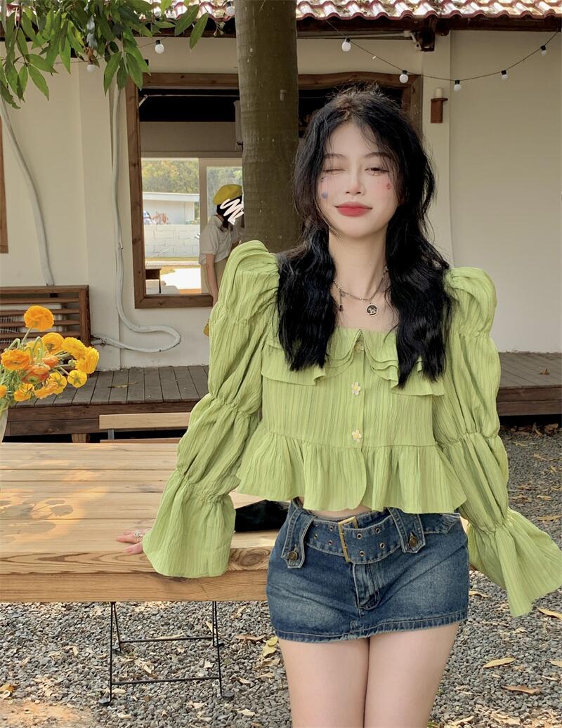 러블리 프릴 플라워 블라우스 스퀘어 넥 밴딩 파워 벌룬 퍼프 숄더 소매 롱 슬리브 긴팔 밴딩 크롭 미니 숏 꽃 단추 여밈