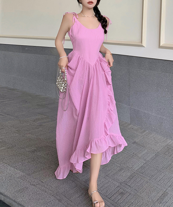 포앤바이앤 당일발송마지막 장s 원가이하 세일 러블리 리조트 드레스 끈나시 백오픈 U넥 셔링 프릴 랩 볼륨스커트 핑크 체크 롱 원피스 봄 여름 하이웨스트