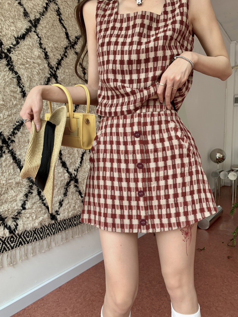레트로 체크 나시미니 스커트 투피스 Set 페미닌 빈티지 스퀘어 넥 슬리브리스 나시 민 소매 블라우스 베스트 탑버튼 포인트 하이 웨스트 포켓 미니 숏 짧은 A 라인