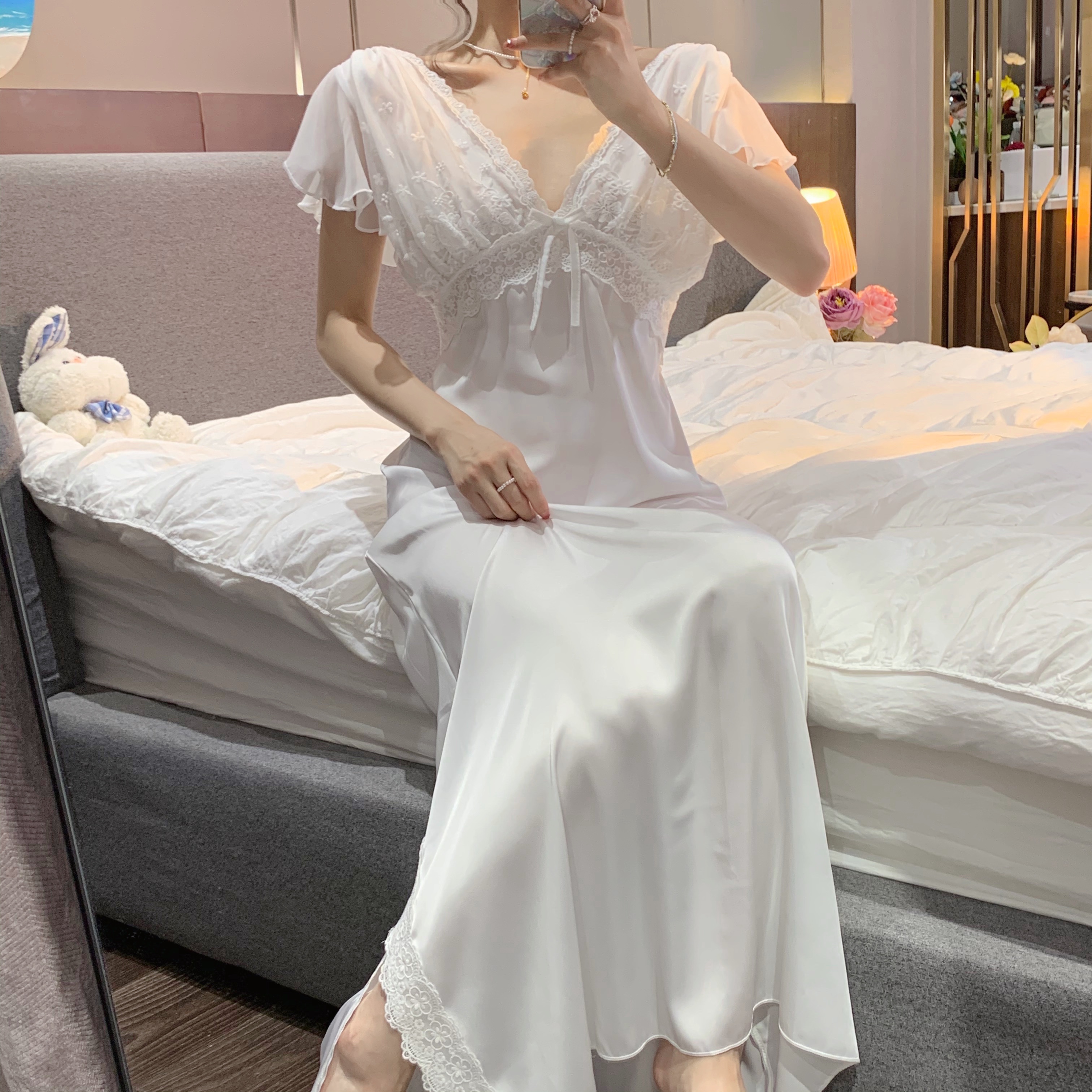 오로니 실크 레이스 롱 원피스 잠옷 어깨 프릴 여름 반팔 롱 공주 원피스 파자마