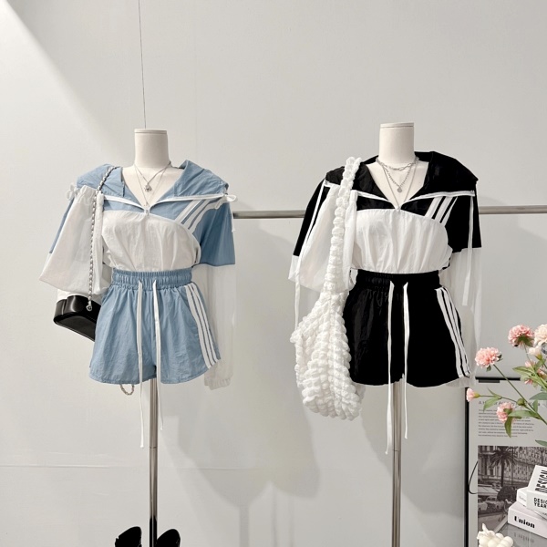 이프유마인 세트가격꾸안꾸룩 봄 테잎 오버핏 사이드 라인 배색 스트링 집업 아노락 바람막이 후드 맨투맨 밴딩 반바지 숏팬츠 투피스 트레이닝 세트 2color