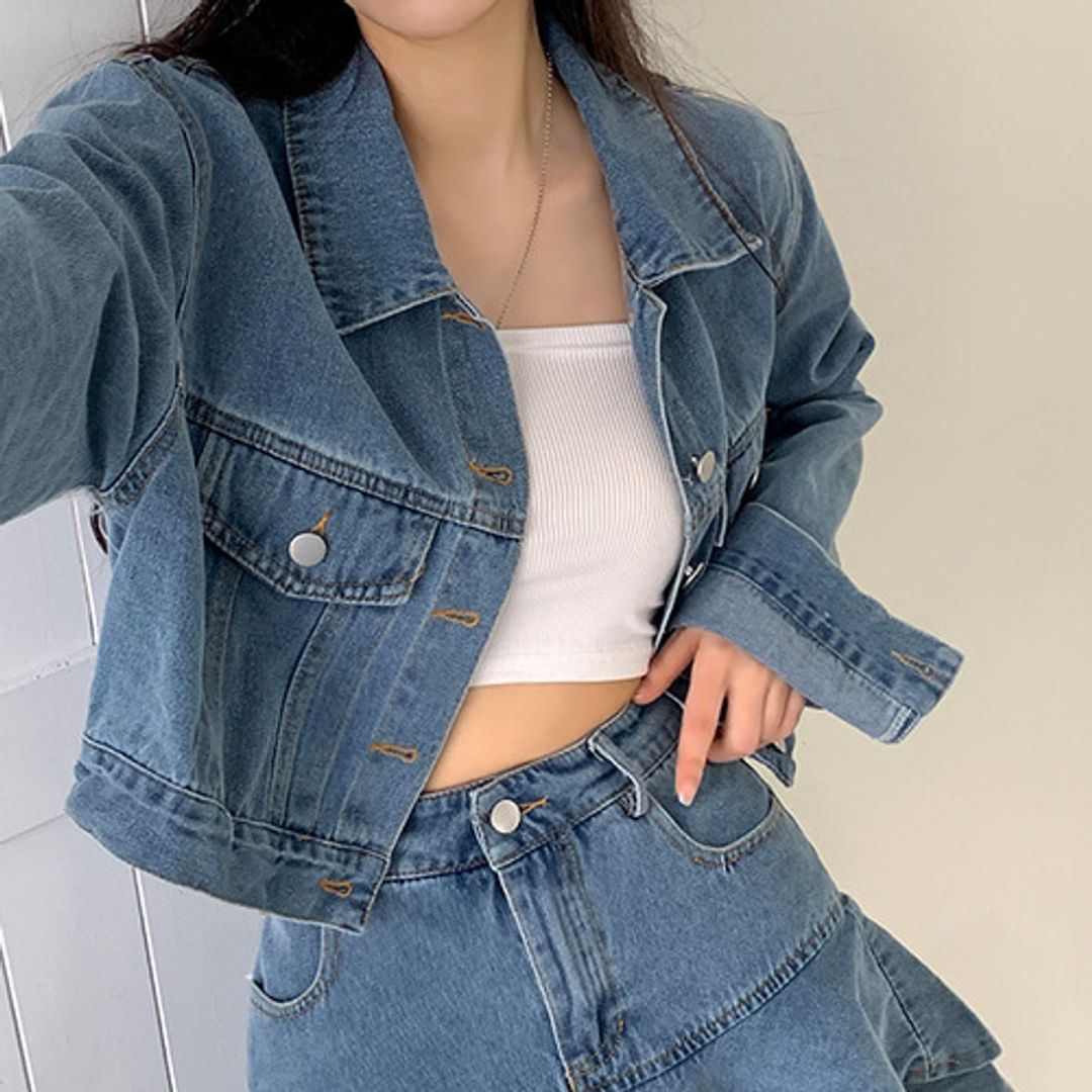 씬드 루즈핏 크롭 데님 자켓프릴 캉캉 미니 스커트 Set 투피스청봄코디바캉스벚꽃롱부츠룩청청패션