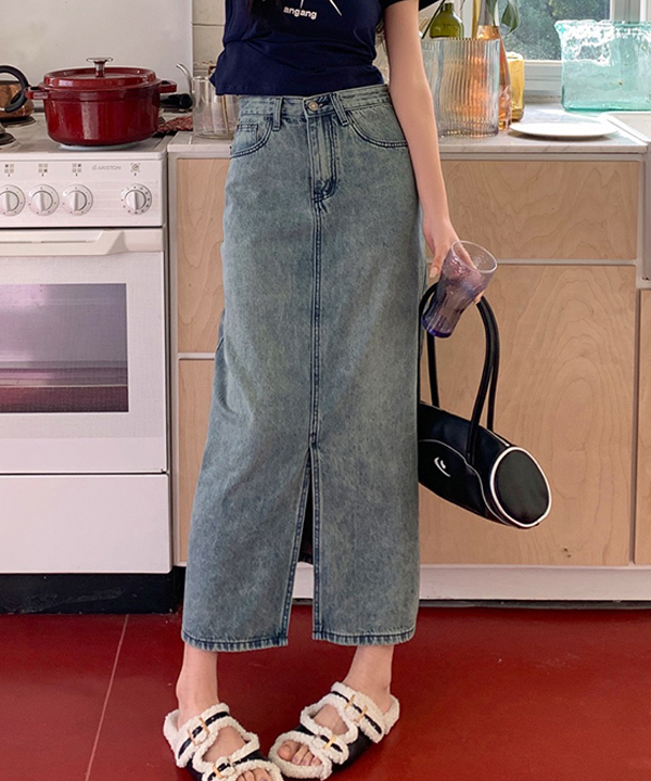 ★추천★ 슬릿 롱 청치마 하이웨스트 앞 트임 워싱 데님 일자 롱 스커트 H라인 긴청치마 힙한 트렌디 봄 여름 기본템 편한 데일리룩 캐주얼 캠퍼스룩