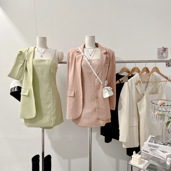 이프유마인 당일발송 자켓원피스set페미닌 봄 멜팅 패드 오버핏 카라 롱 자켓 스퀘어넥 핀턱 스트랩 슬립 뷔스티에