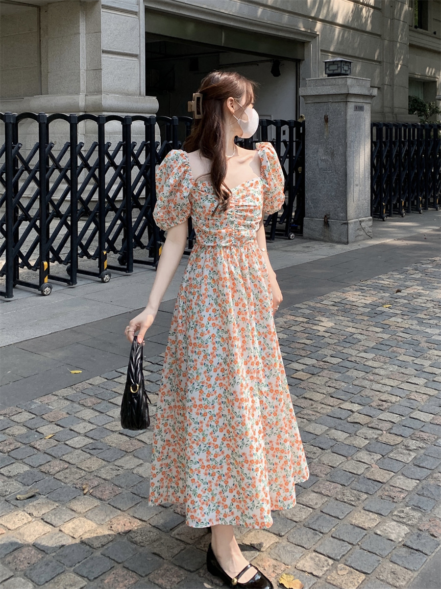오랜지 플라워 원피스 스퀘어 넥 로맨틴 퍼프 파워 숄더 반팔 하프 소매 하이 웨스트 셔링 A 라인 플레어 스커트 치마 롱 미디 드레스 여름 청순 여리 귀여운 여친 데이트