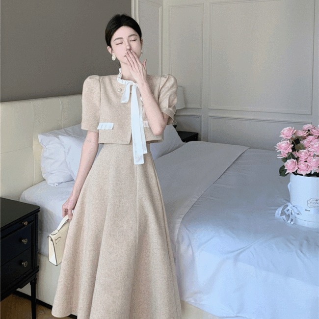 블랙s당일출고 여름신상하객룩 코디셋업 베이지 프릴 쉬폰 스카프 반팔 퍼프 크롭 자켓 플레어 롱스커트 투피스 셋업 A라인 스커트 3월 4월 봄 결혼식 단정한 하객룩