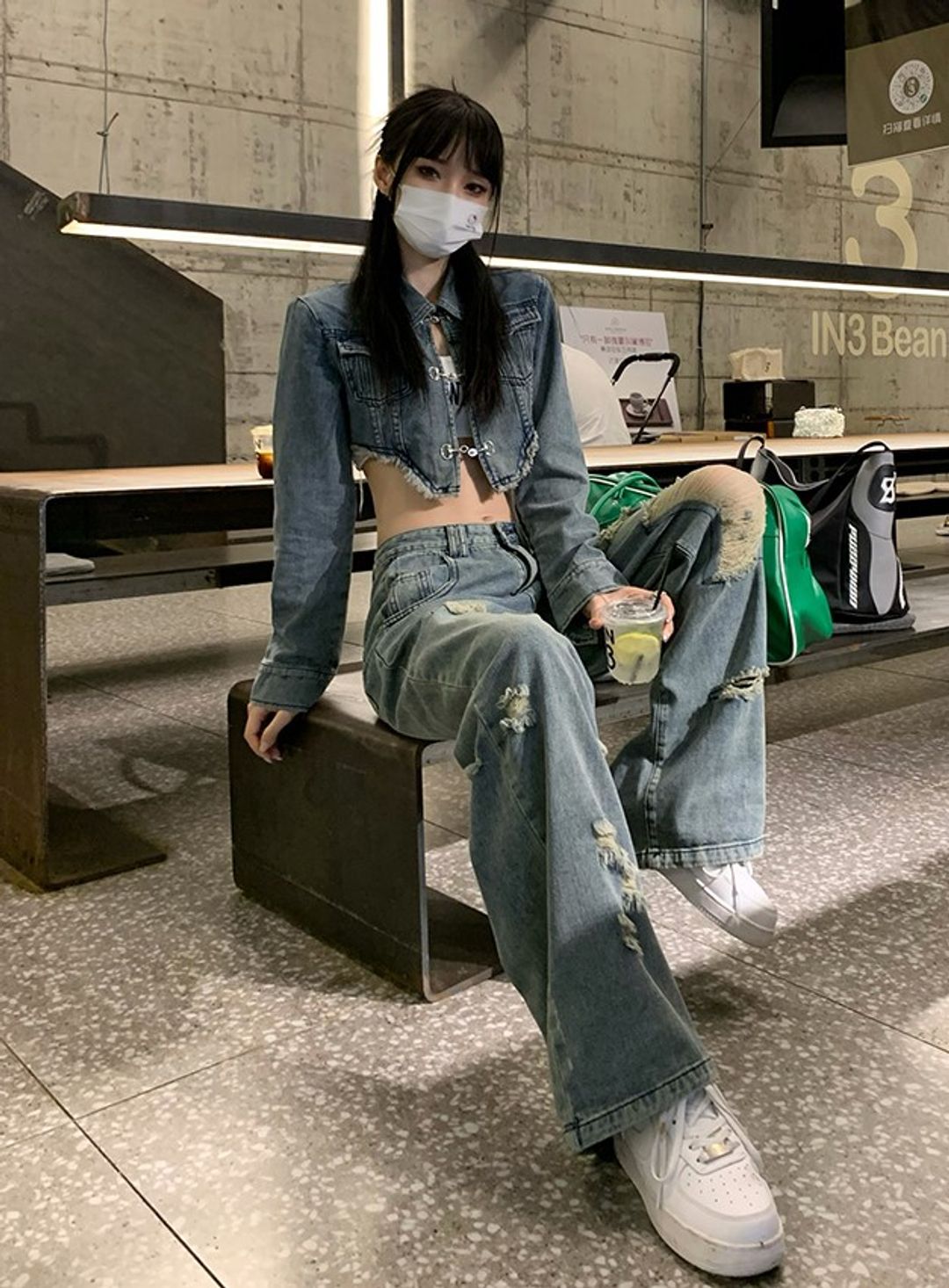 세트단품 크레인 데님 캐주얼 버클 카라 긴팔 크롭 청자켓 데님자켓 하이웨스트 헤짐 청바지 롱 와이드 팬츠 Y2k 스트릿