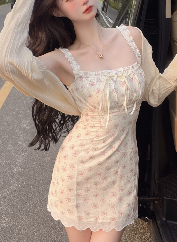 하프닌 세트단품 세뮤 플라워 프릴 리본 민소매 H라인 뷔스티에 슬림핏 여리 미니 원피스 얇은 긴팔 볼레로가디건 여름 썸머