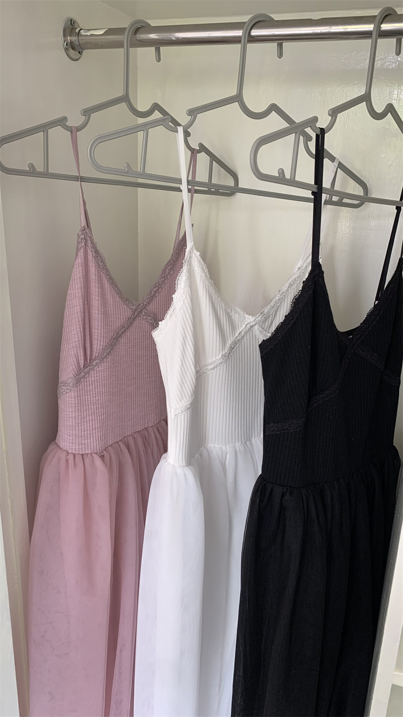 블롱뮤 발레리나 레이스 쉬폰 원피스 V 브이 넥 슬리브리스 나시 골지 캐미솔 하이 웨스트 A 벨 라인 롱 미디 스커트 치마 슬립 여리 청순 하늘하늘 유니크 페미닌 무드