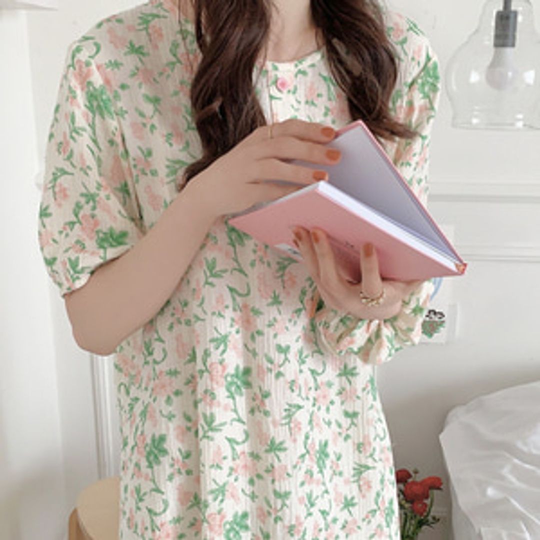 ⚡당일배송⚡꽃무늬 요루면잠옷 거즈면 반팔 원피스 파자마 세트 이지웨어