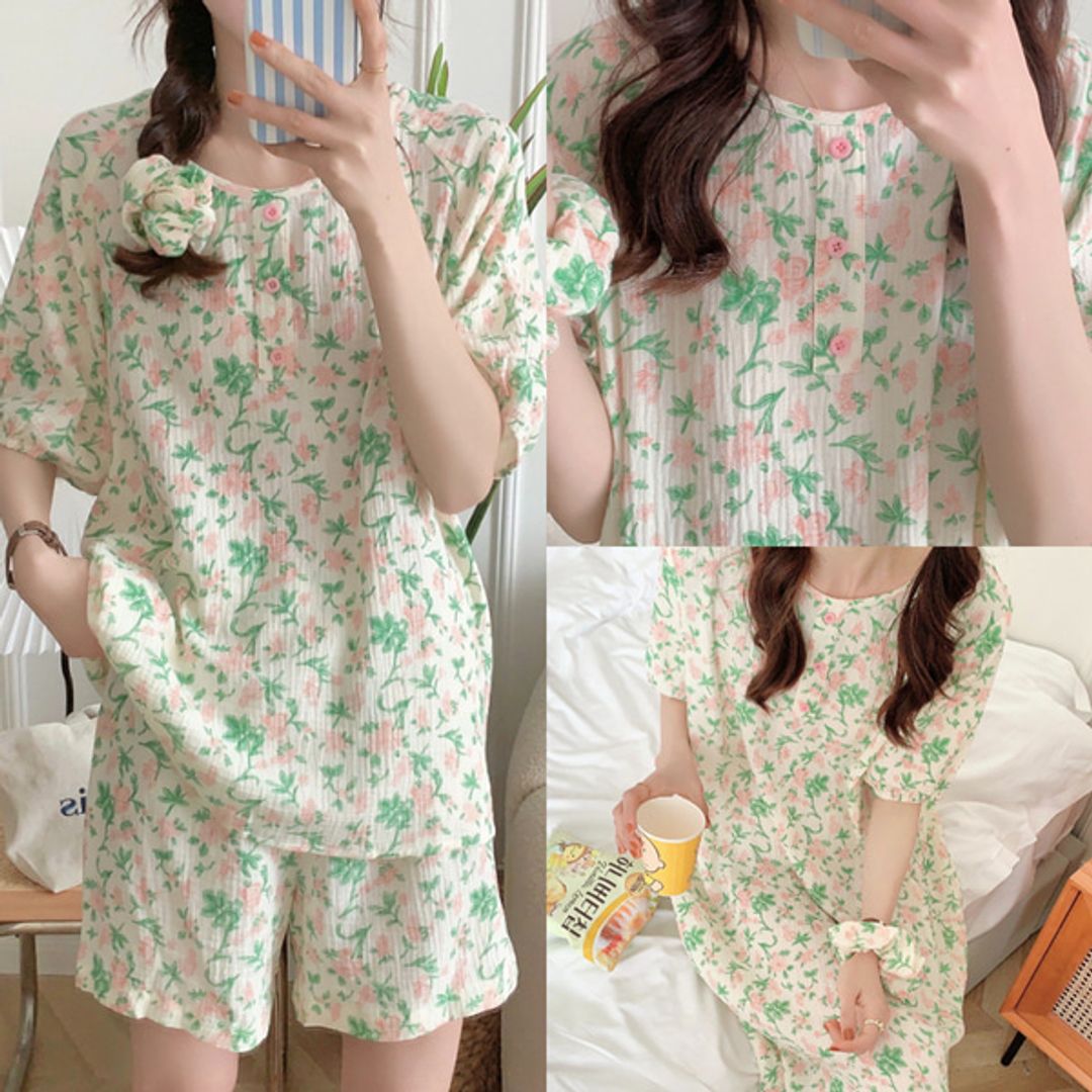 ⚡당일배송⚡꽃무늬 요루면잠옷 거즈면 반팔 원피스 파자마 세트 이지웨어
