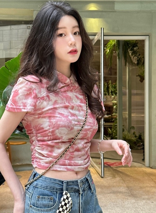 에이퍼플 중국 치파오스타일 특이한 전통적인 셔프 반팔티 티셔츠 디자인 특이한 나염 분홍 트임 섹시한 꽃 핑크 여성스러운