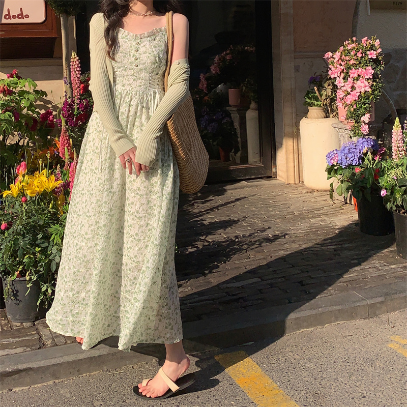 레이스 업 플라워 원피스가디건 Set 프릴 스퀘어 넥 슬리브리스 나시 민 소매 하이 웨스트 리본 코르셋 허리 강조 A 라인 플레어 스커트 치마 드레스롱 슬리브 얇은