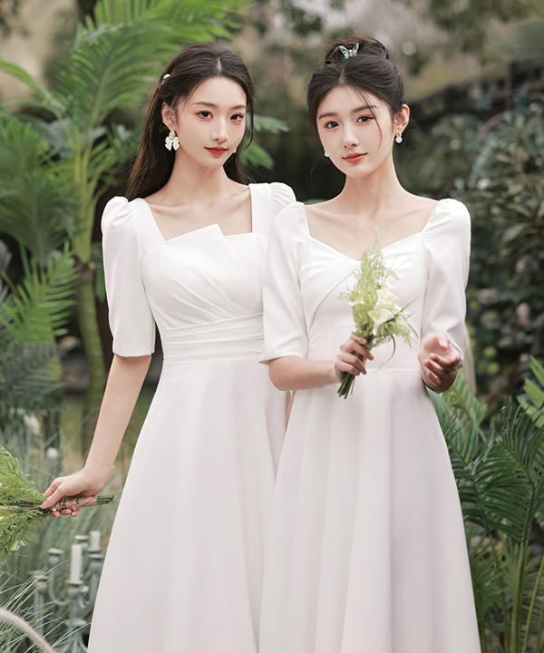 4 Types 길이 선택 가능 스퀘어넥 버터플라이 언발란스 진주장식 퍼프소매 반팔 5부 허리잘록 A라인 미디 롱드레스 화이트 베이직 기본 깔끔한 하이퀄 스몰웨딩