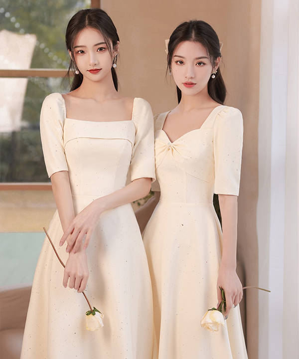 4 Types 길이 선택 가능 하트넥 스퀘어넥 버터플라이 반짝이 스파클 셔링 반팔 5부 프린세스라인 A라인 샤틴 미디 롱드레스 아이보리 깔끔한 단정한 하이퀄리티