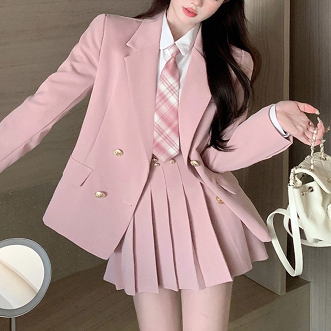 뉴진스 자켓 셔츠 넥타이 플리츠 미니스커트 세트 쓰리피스 스쿨룩