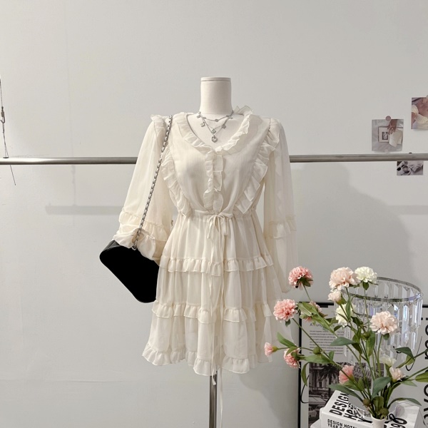 이프유마인 바캉스룩페미닌 봄 여신 브이넥 쉬폰 시스루 벌룬 퍼프 스트링 셔링 프릴 A라인 플레어 주름 캉캉 미니 원피스
