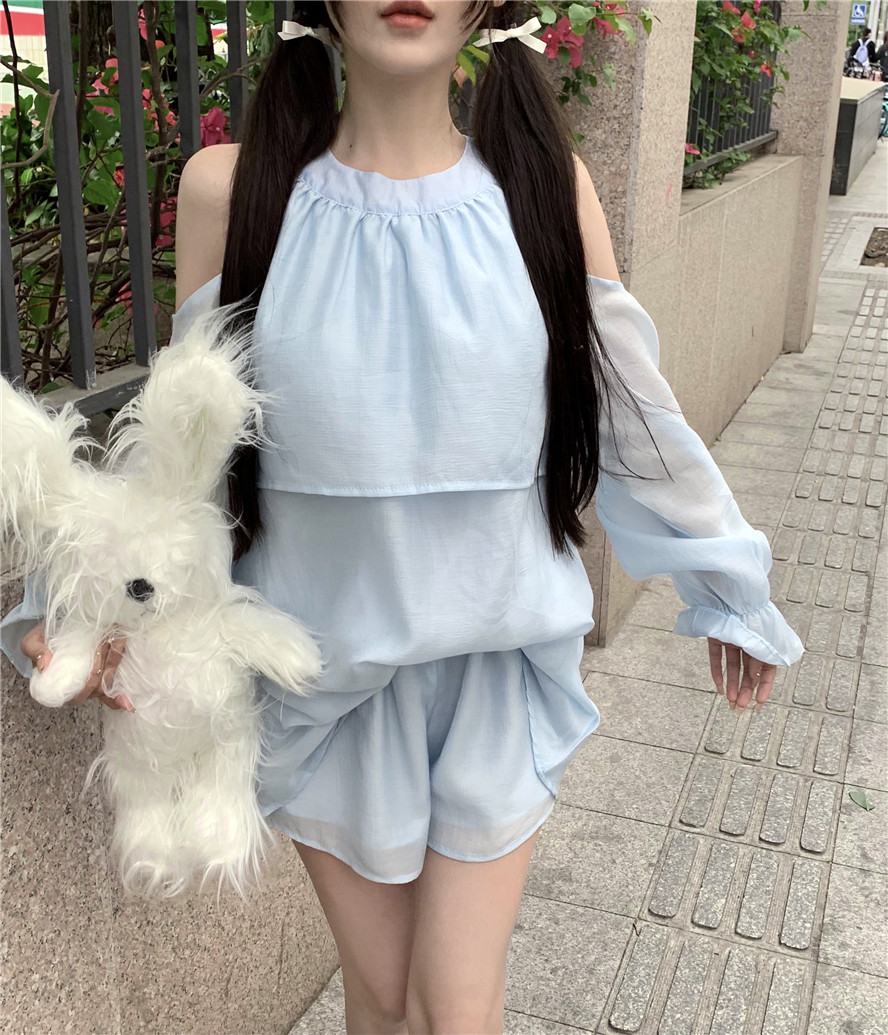 쉬폰 하늘 블라우스팬츠 Set 라운드 넥 오프 숄더 어깨 트임 파임 컷 아웃 하늘하늘 여리 청순 루즈 핏 롱 슬리브 긴팔